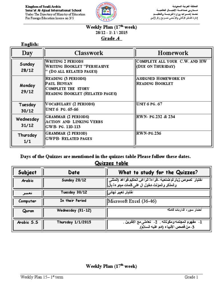 Day Classwork Homework: Weekly Plan (17 Week) Grade .4 English | PDF