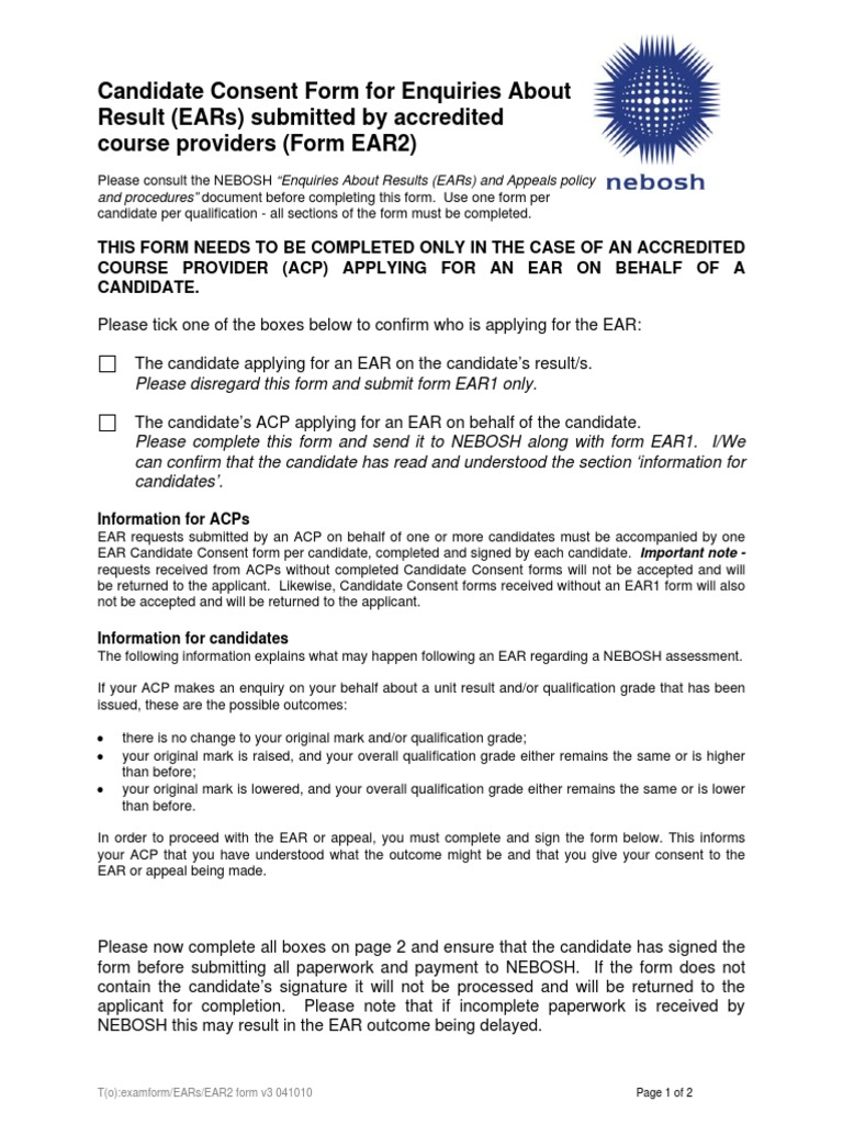NEBOSH EAR Candidate Consent Form EAR2 v3 04101023112010481042 PDF ...