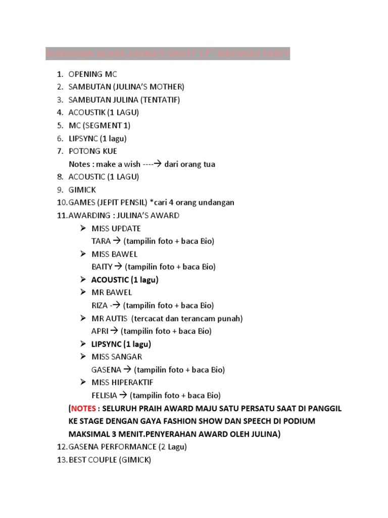 Rundown Acara (Julina's Birthday) | PDF