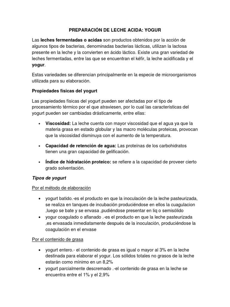 Preparación de Leche Acida - Yogur | PDF | Yogur | Leche