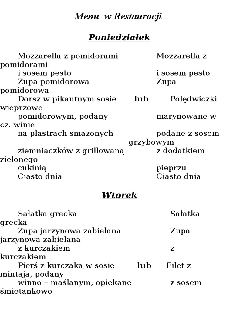 Menu Tygodniowe W Restauracji Avangard | PDF