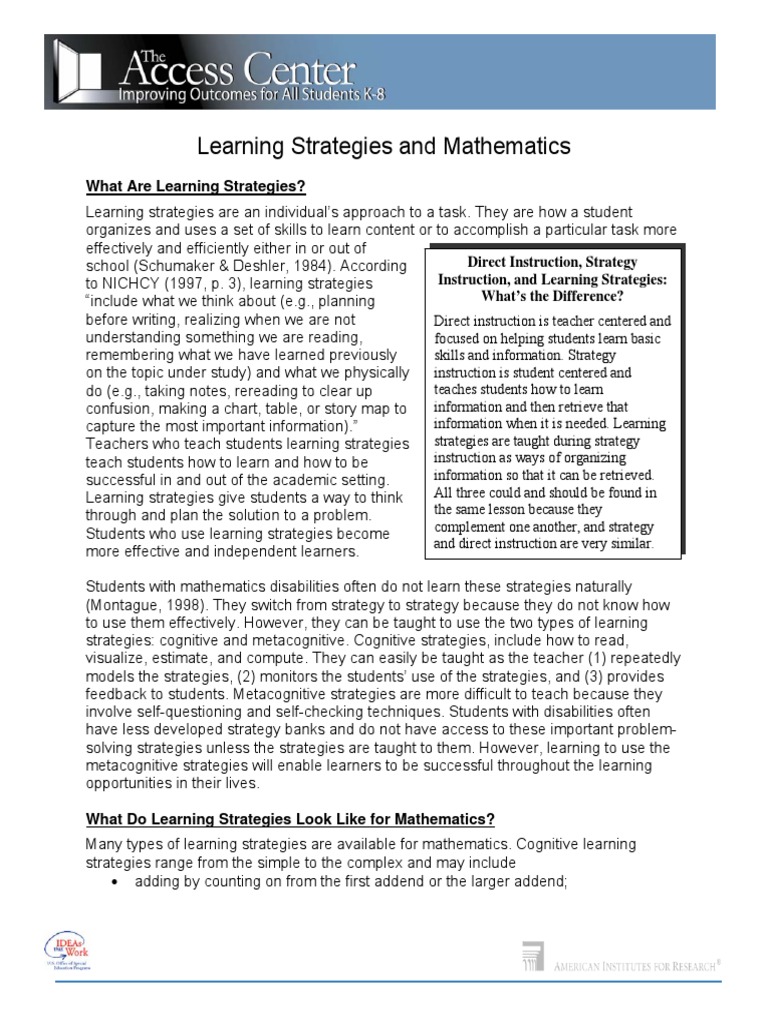 Math Learning Strategies | PDF | Teachers | Metacognition