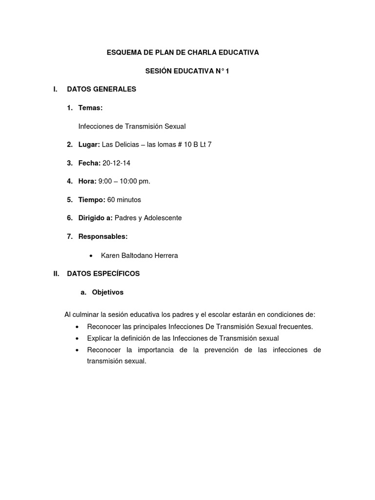 Esquema de Plan de Charla Educativa | PDF | Infección transmitida sexualmente | VIH / SIDA