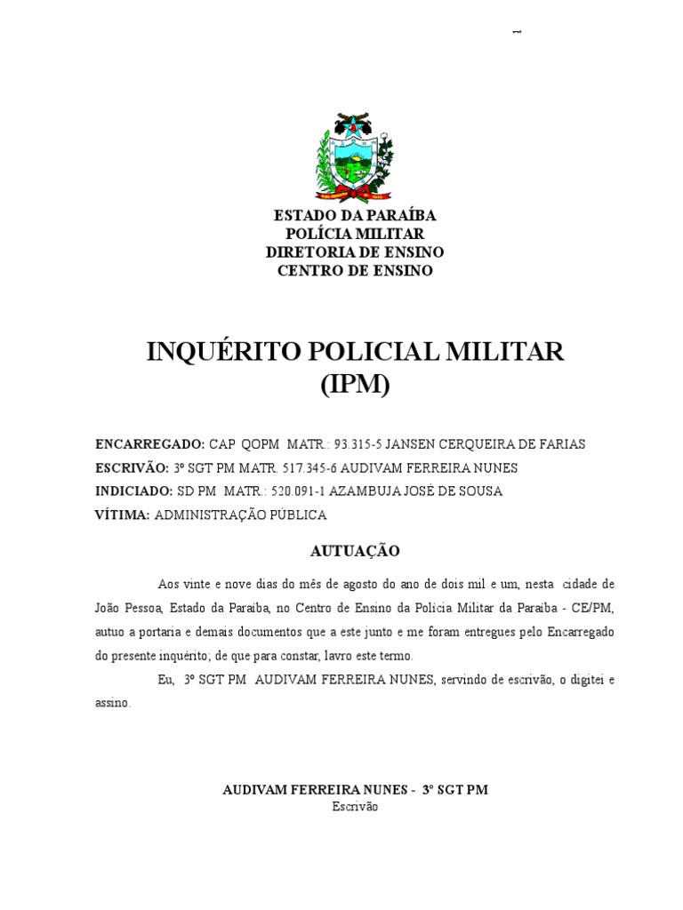 Modelo de IPM | Polícia Militar | Deserção