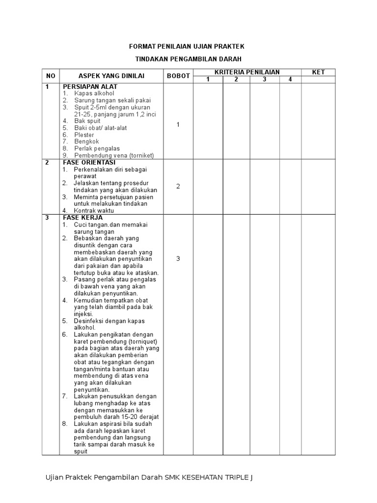 Format Penilaian Ujian Praktek Pengambilan Darah | PDF | Sains & Matematika