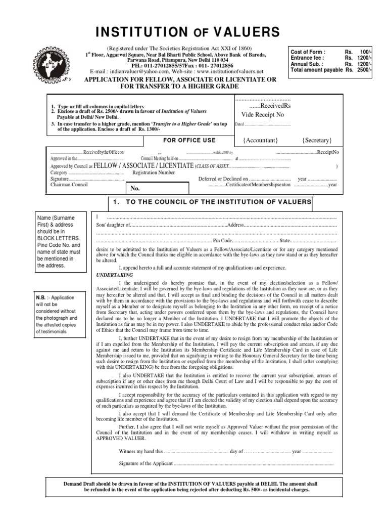 Application Form - Institute of Valuers | PDF | Real Estate Appraisal ...