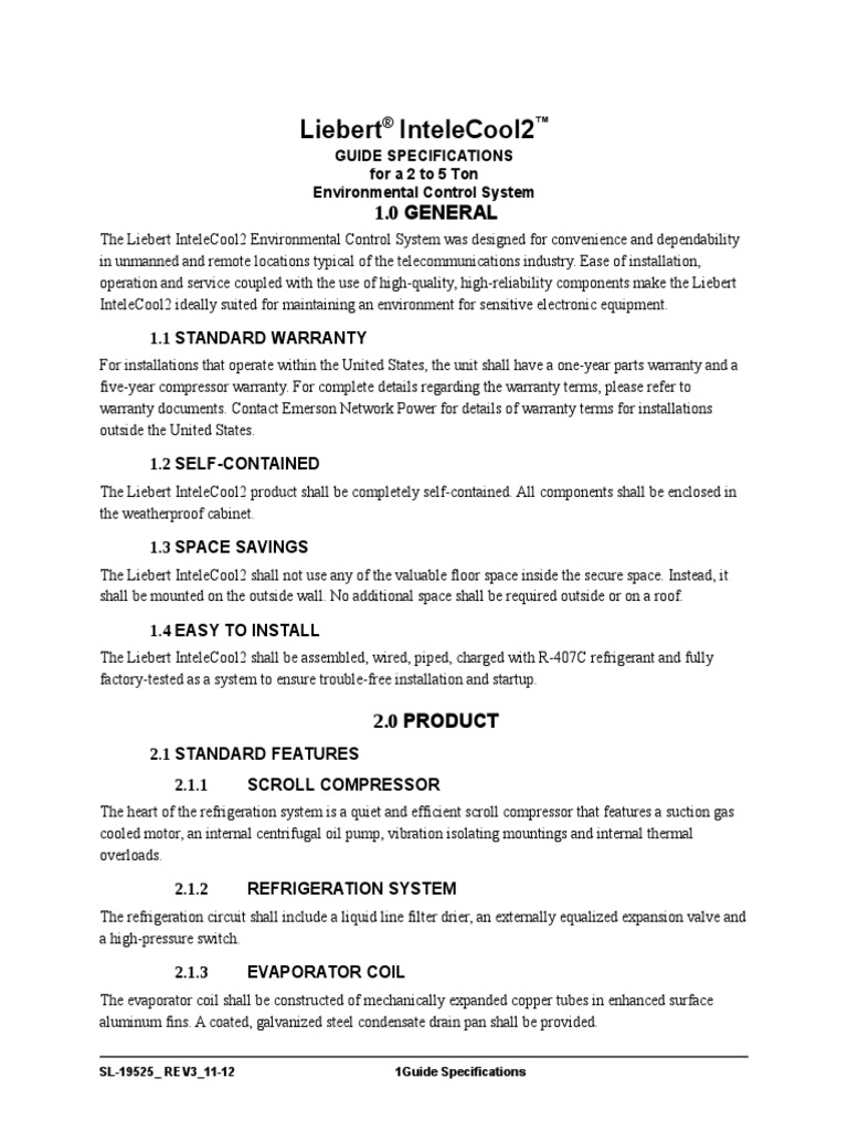 Liebert Intelecool2: 1.0 General | PDF | Hvac | Thermostat