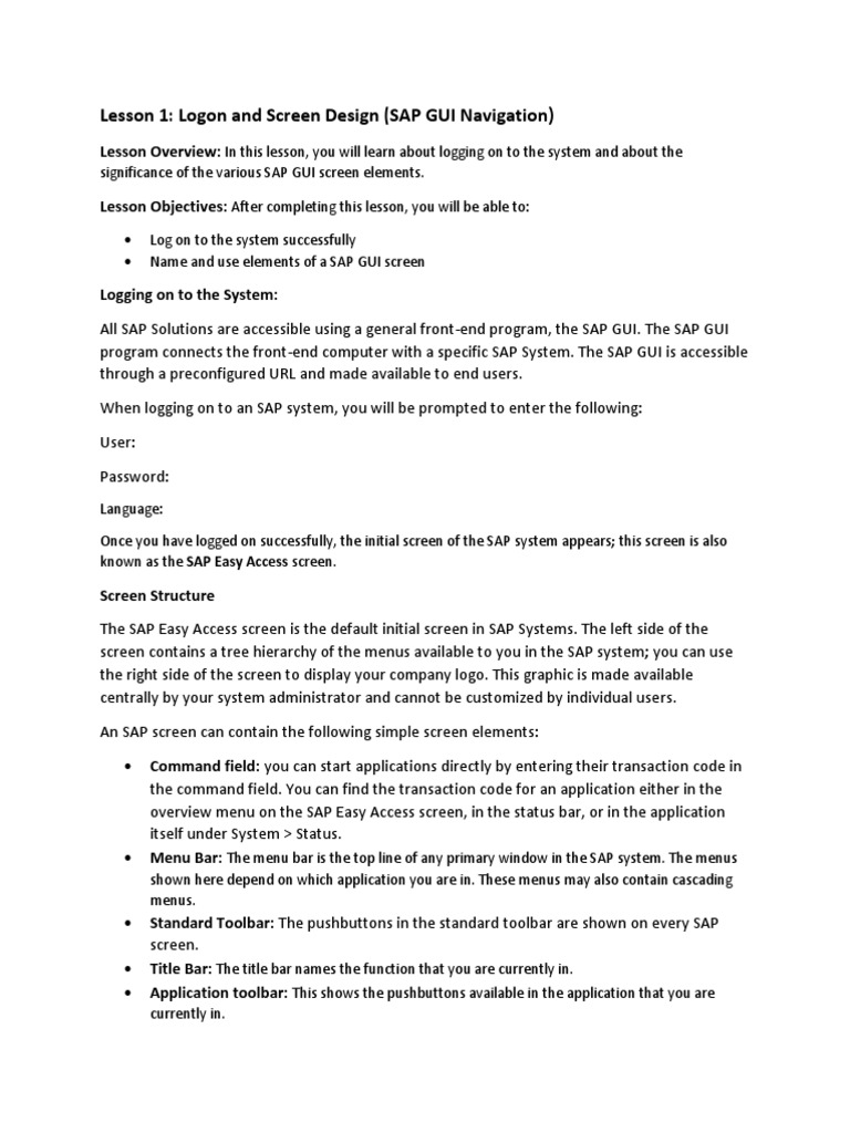 Lesson 1: Logon and Screen Design (SAP GUI Navigation) | Download Free PDF | Graphical User ...