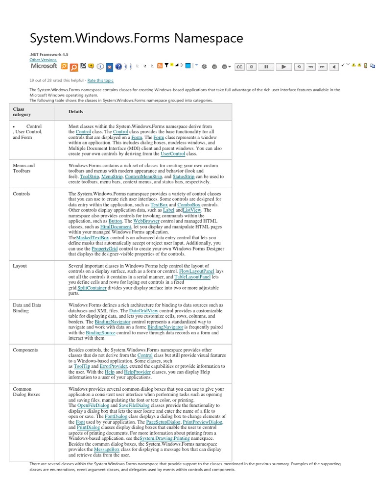 System - Windows.Forms Namespace: Class Category Details | PDF | Class (Computer Programming ...