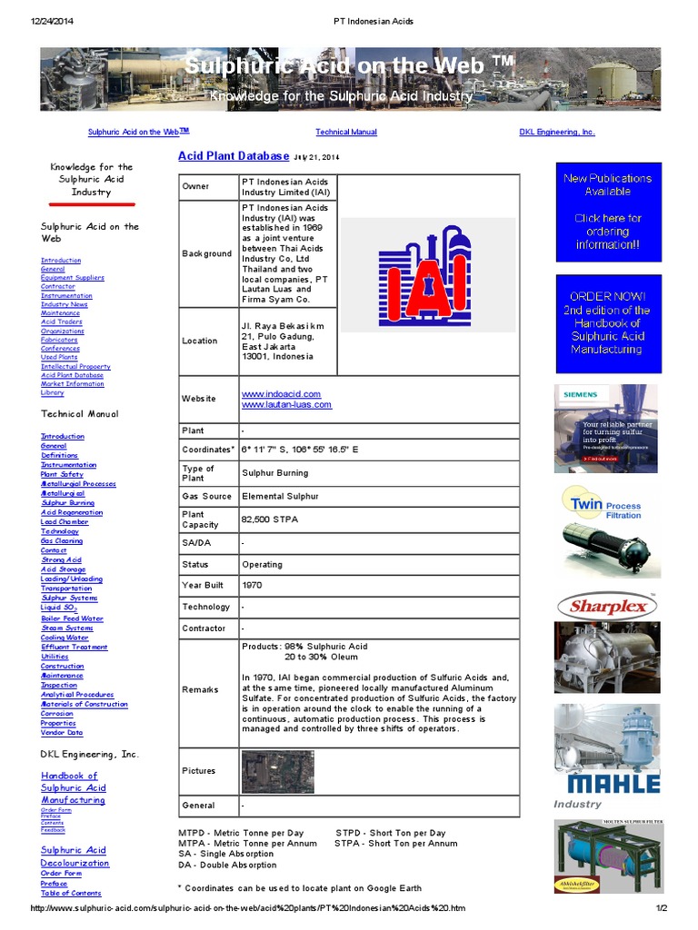 Acid Plant Database: Sulphuric Acid On The Web Technical Manual DKL Engineering, Inc | PDF ...