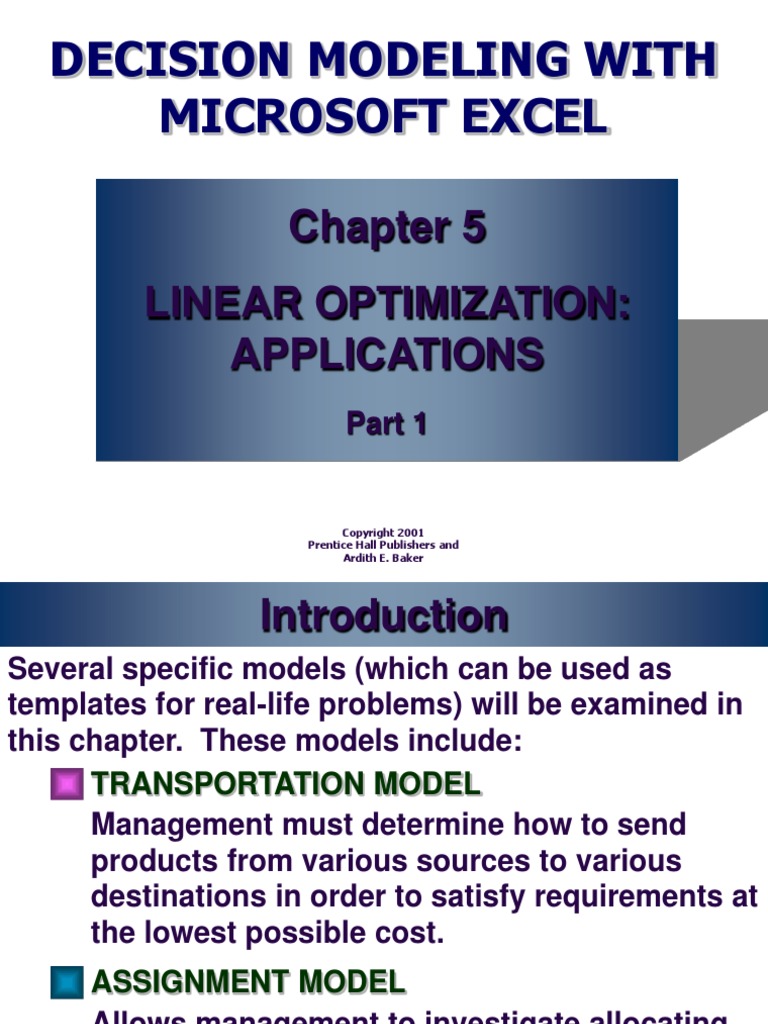 Decision Modeling With Microsoft Excel: Linear Optimization ...