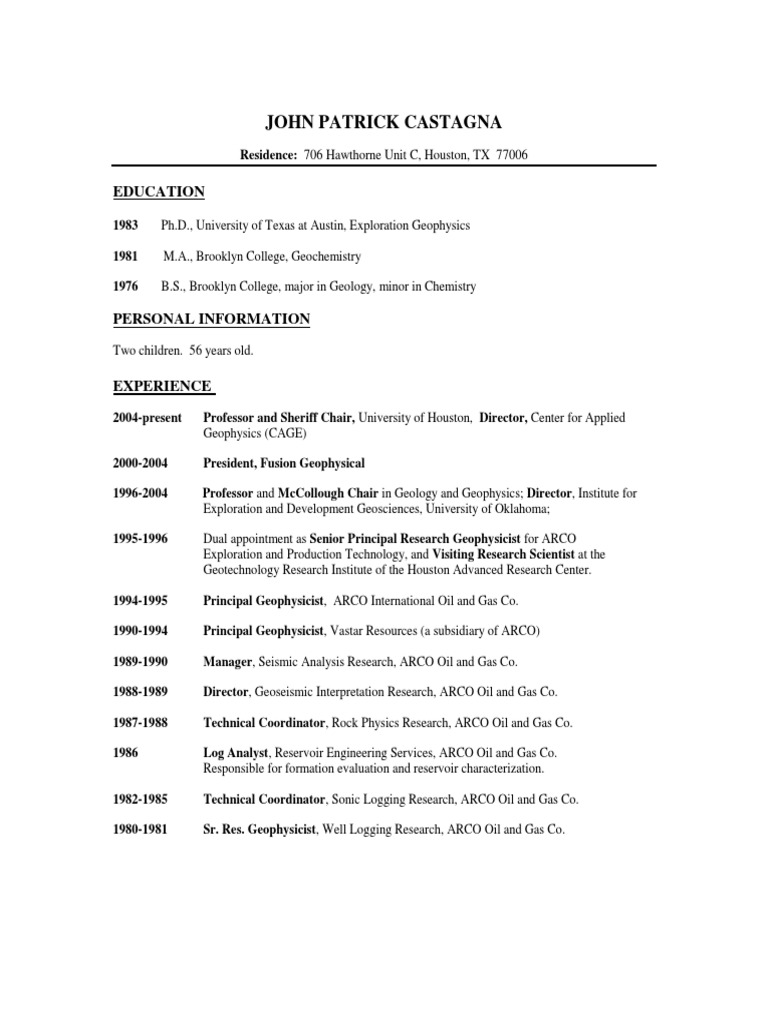 John Castagna CV PDF | PDF | Reflection Seismology | Earth Sciences