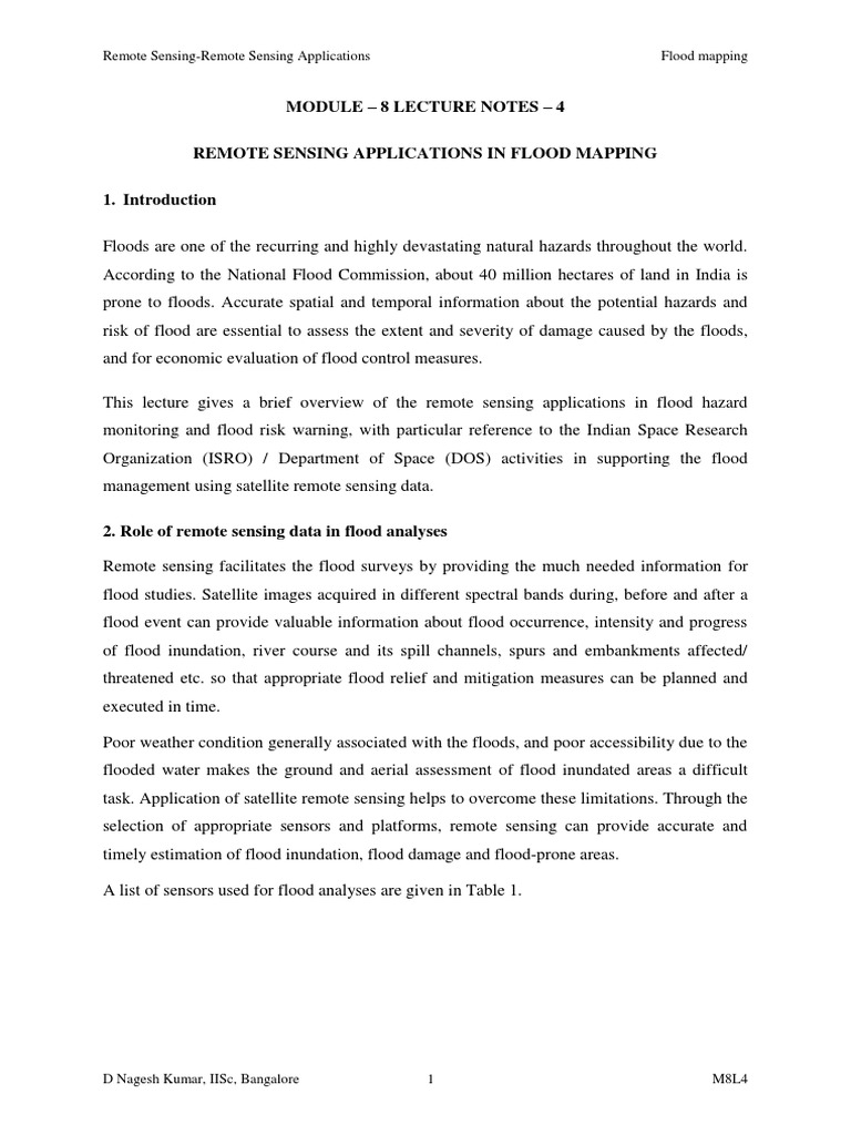 Module 8 Lecture Notes 4 Remote Sensing Remote Sensing Applications Flood Mapping Pdf