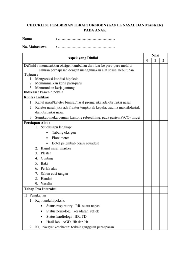 Checklist Pemberian Terapi Oksigen Pada Anak | PDF
