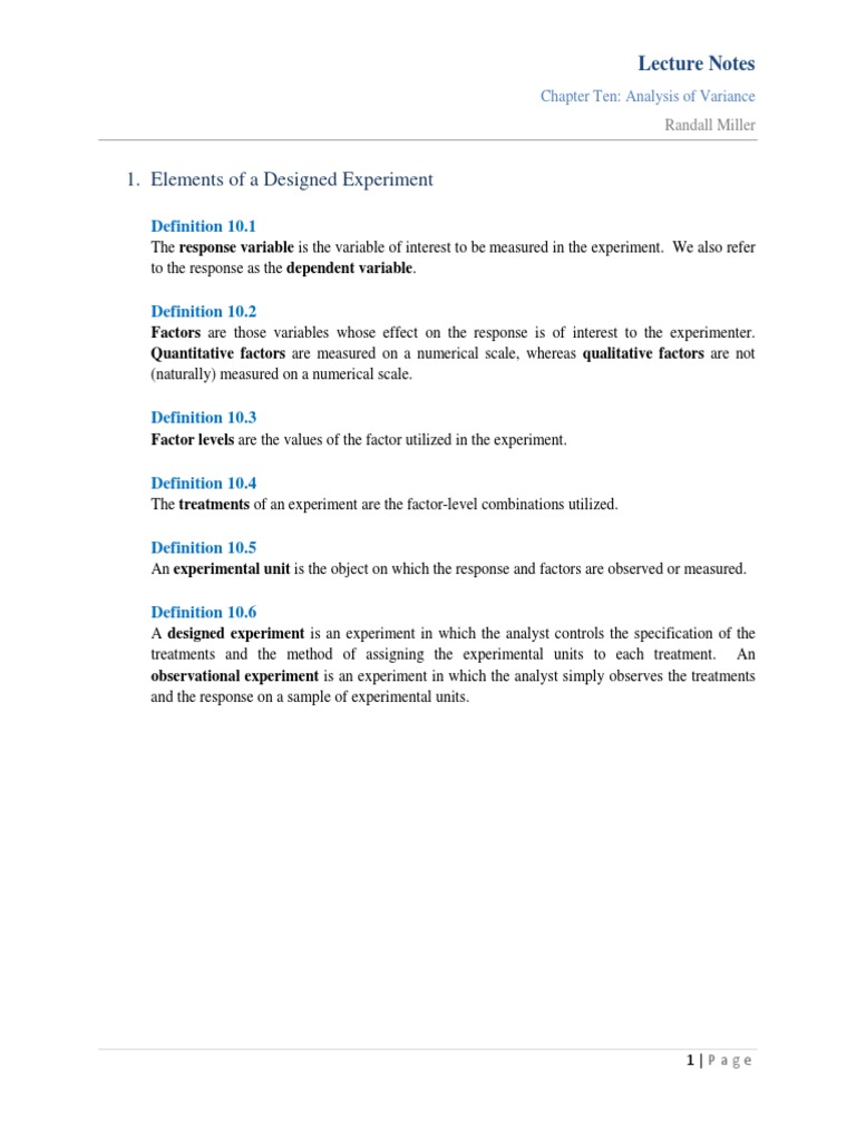 Elements of A Designed Experiment: Definition 10.1 | PDF | F Test ...
