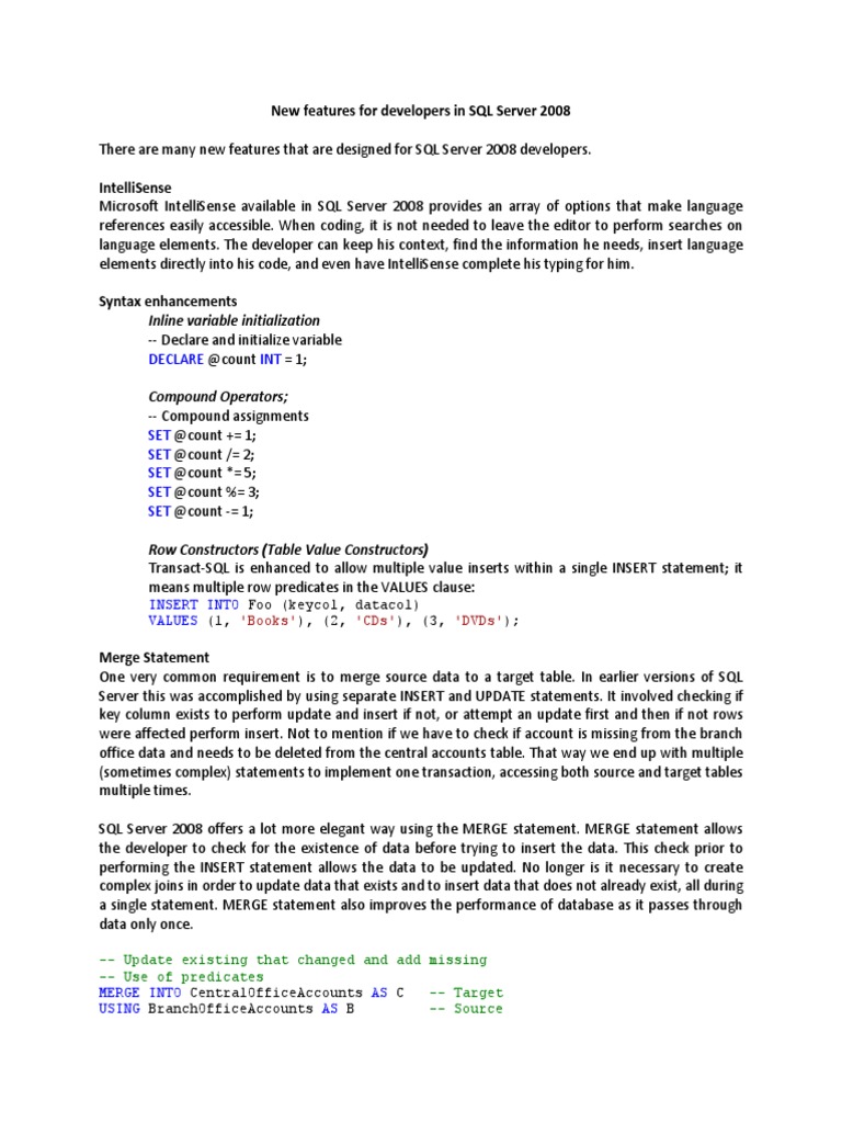 New Features For Developers in SQL Server 2008 | PDF | Language Integrated Query | Microsoft Sql ...