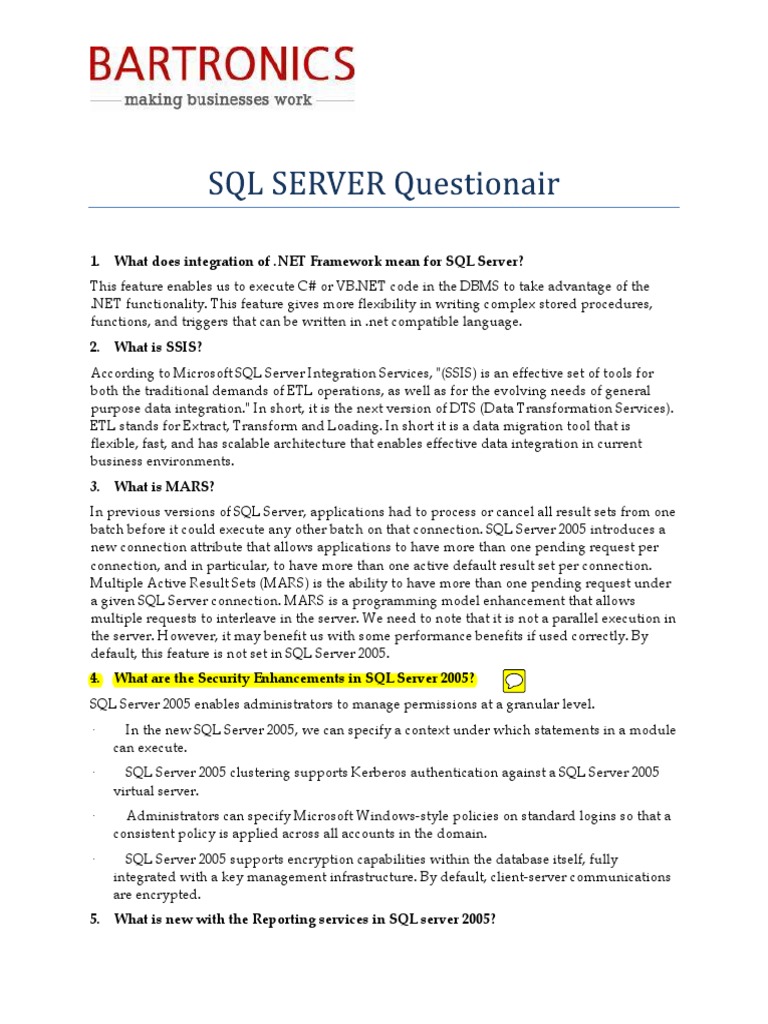 SQL Server Questionair1 | Relational Database | Microsoft Sql Server