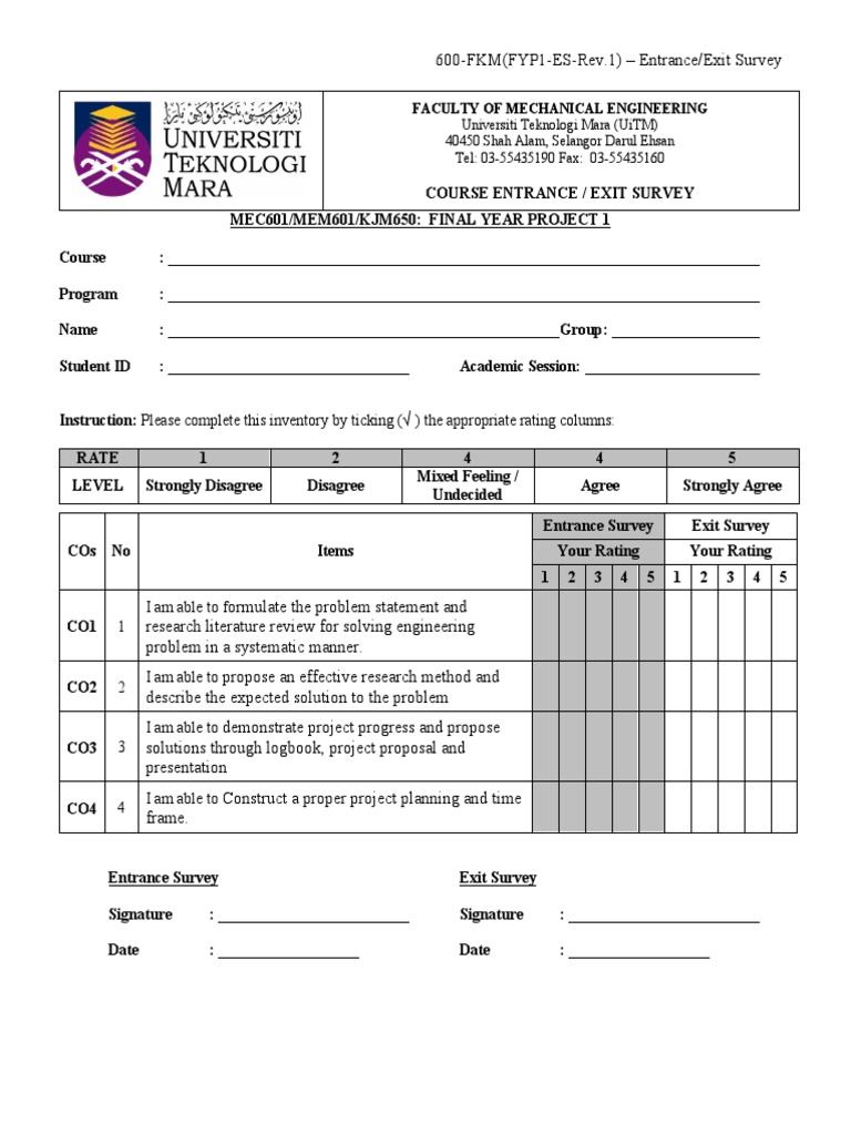 Final Year Project Entrance/Exit Survey | PDF