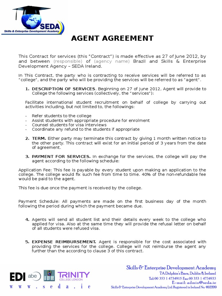 Agent Agreement: (Responsible) (Agency Name) | PDF | Law Of Agency ...