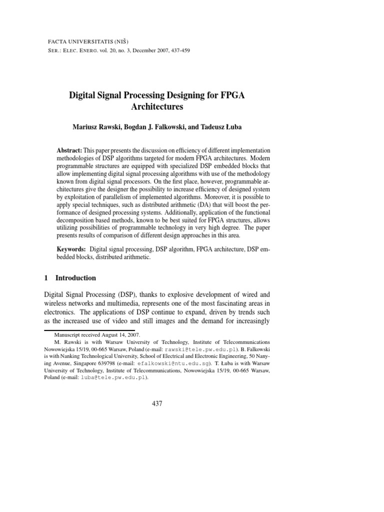 Digital Signal Processing Designing For FPGA Architectures: Mariusz Rawski, Bogdan J. Falkowski ...