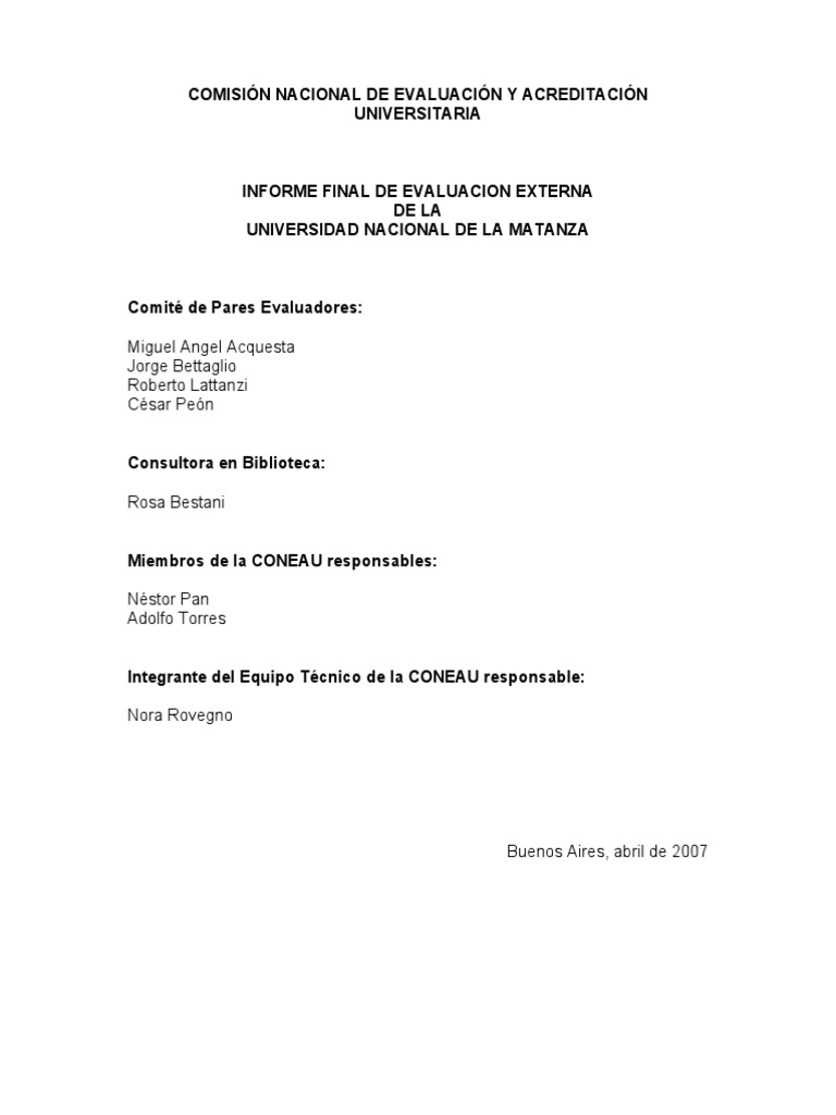 UNLaM Informe Final de Evaluacion Externa | PDF | Planificación | Universidad