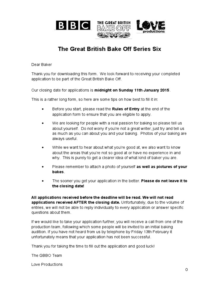 Great British Bake Off Six Application Form | PDF | Baking | Cakes