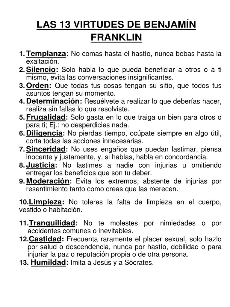 Las 13 Virtudes de Benjamín Franklin | PDF