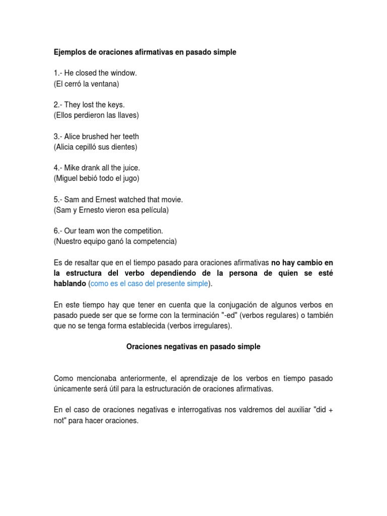 Ejemplos De Oraciones Afirmativas En Pasado Simple Pdf Verbo