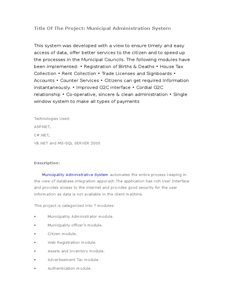 Title of The Project: Municipal Administration System: Description | PDF