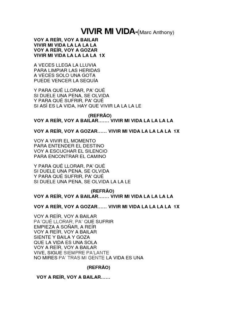 Letra de "Vivir Mi Vida" - Marc Anthony | PDF