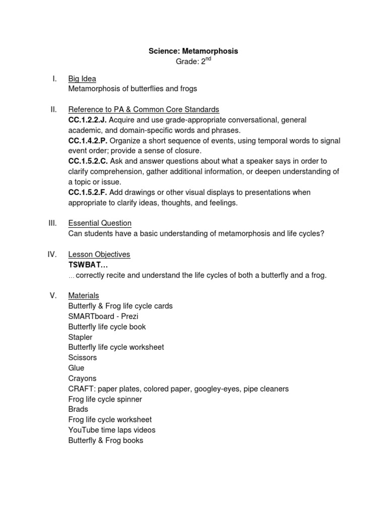 Metamorphosis Lesson Plan | PDF | Butterfly | Frog