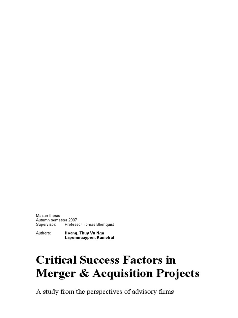 Critical Success Factors in Merger and Acquisition Projects | PDF ...