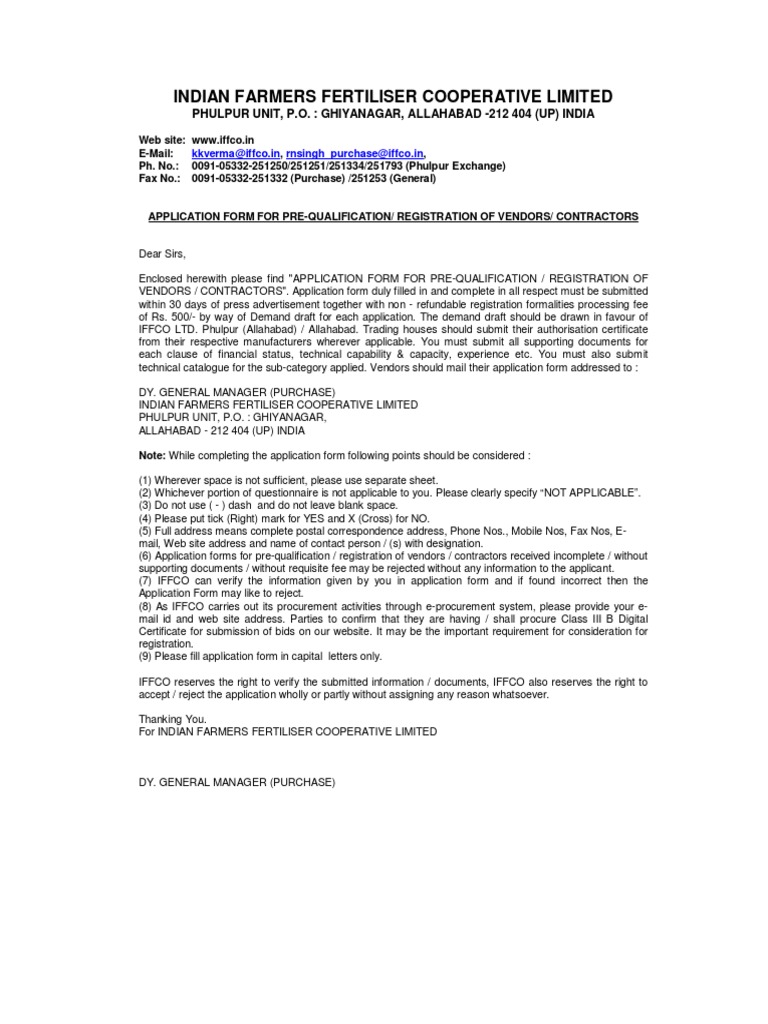 Iffco Phulpur Vendor Regd PDF | PDF | Government | Business
