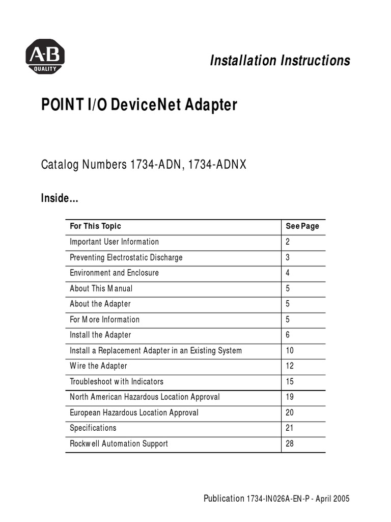 Point I/O Devicenet Adapter: Installation Instructions | PDF | Power ...
