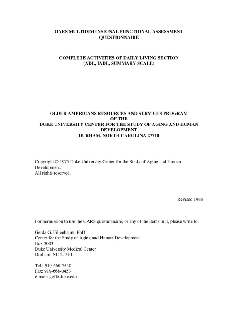 OARS Adl Iadl | Medicine | Wellness