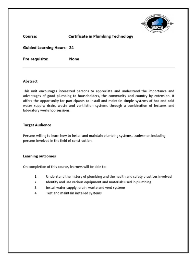 Certificate in Plumbing Technology | PDF | Plumbing | Tap (Valve)