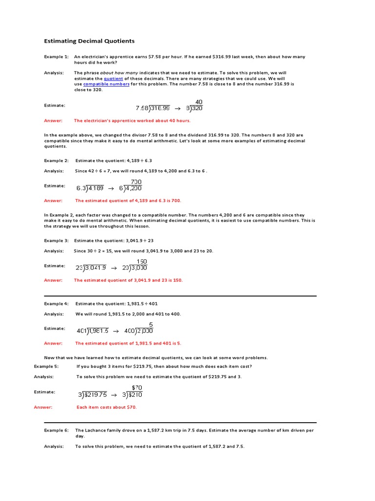 Estimating Decimal Quotients: Quotient Compatible Numbers | PDF ...
