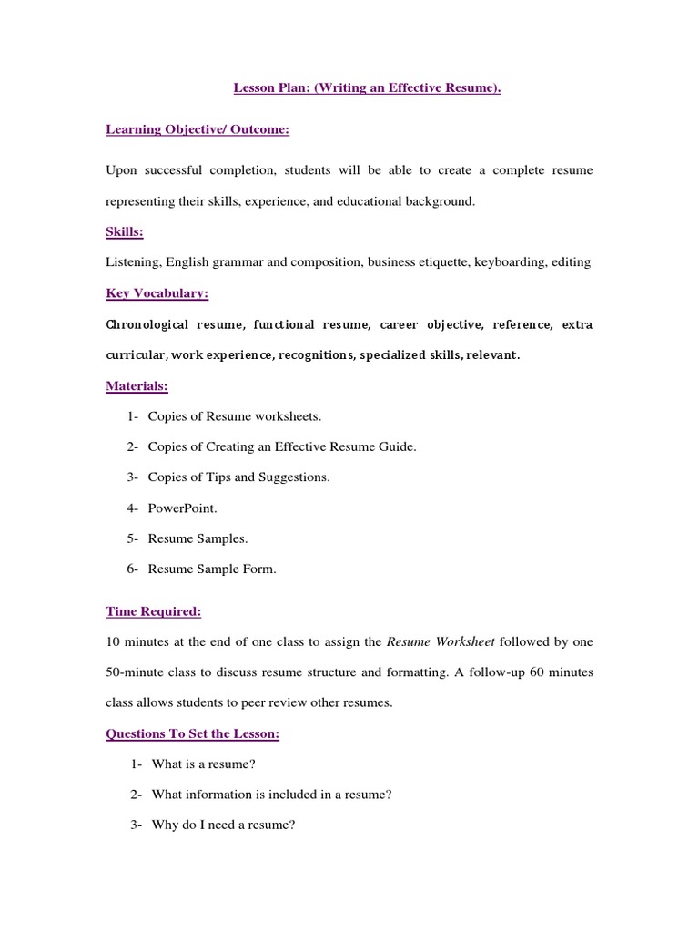 CV Lesson Plan | PDF | Résumé | Lesson Plan