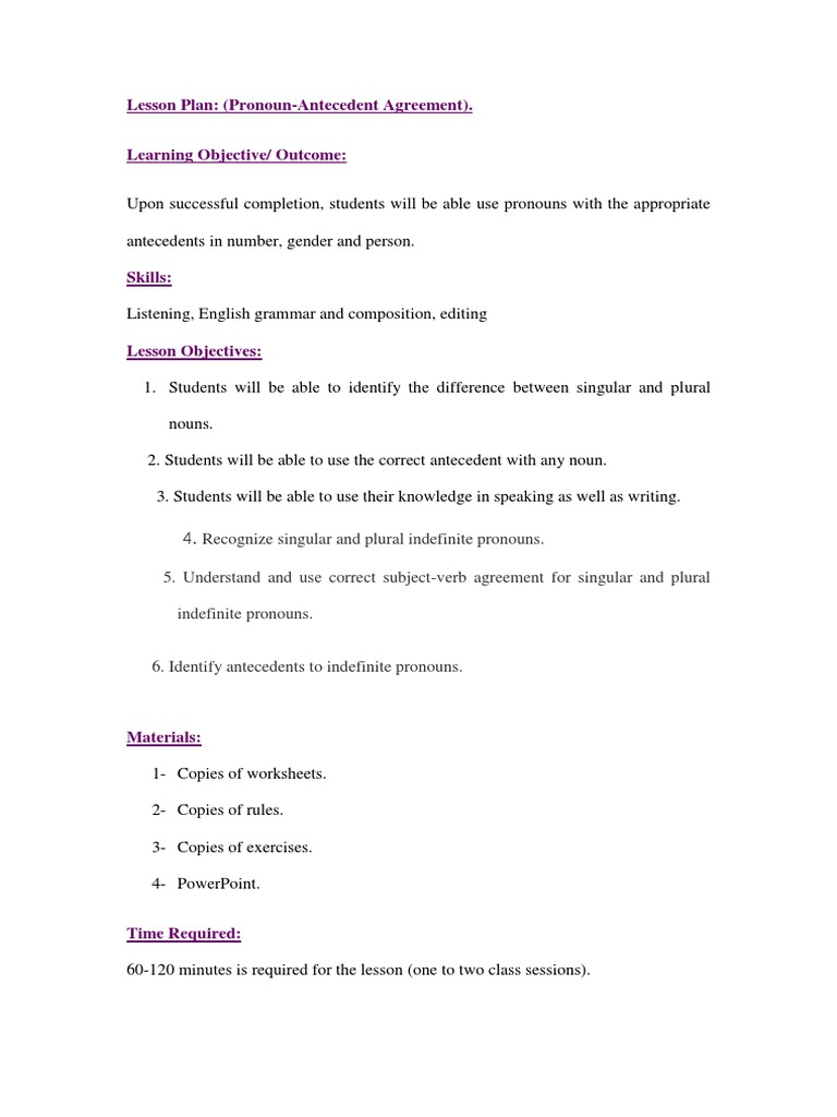 Pronoun-Antecedent Agreement Lesson | PDF