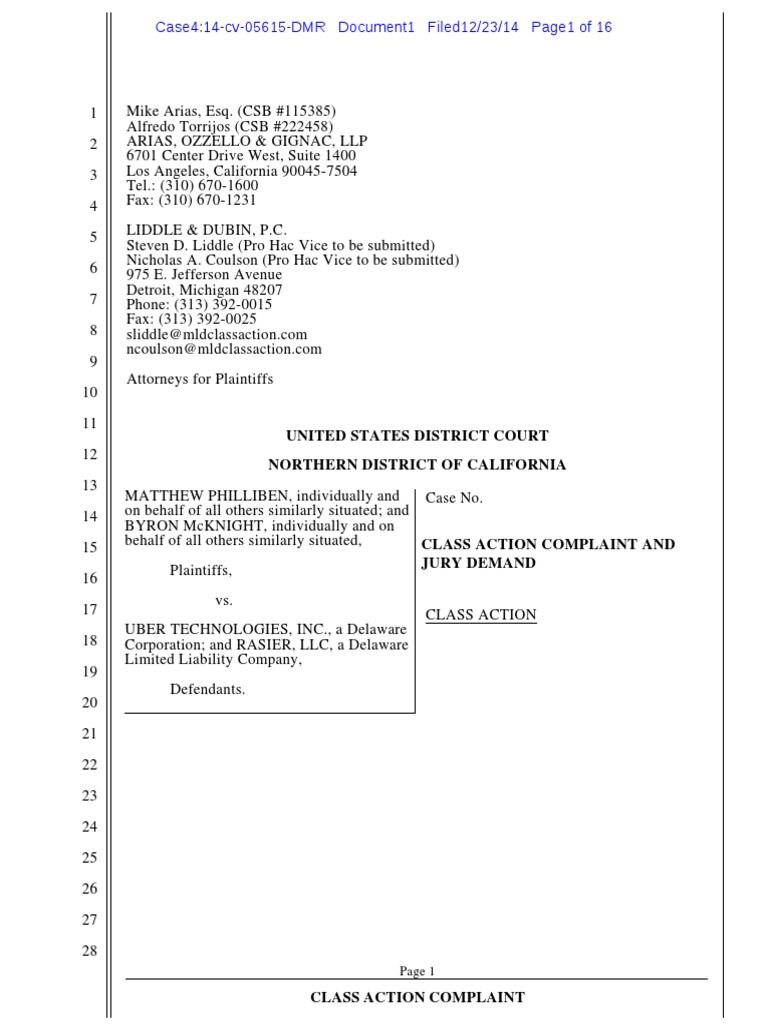 Uber Class-Action Safe Rides Fee Lawsuit - Philliben Vs Uber - Complaint | PDF | Uber (Company ...