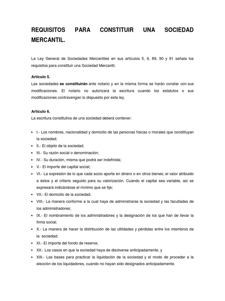 Requisitos para Constituir Una Sociedad Mercantil | PDF | Liquidación | Justicia