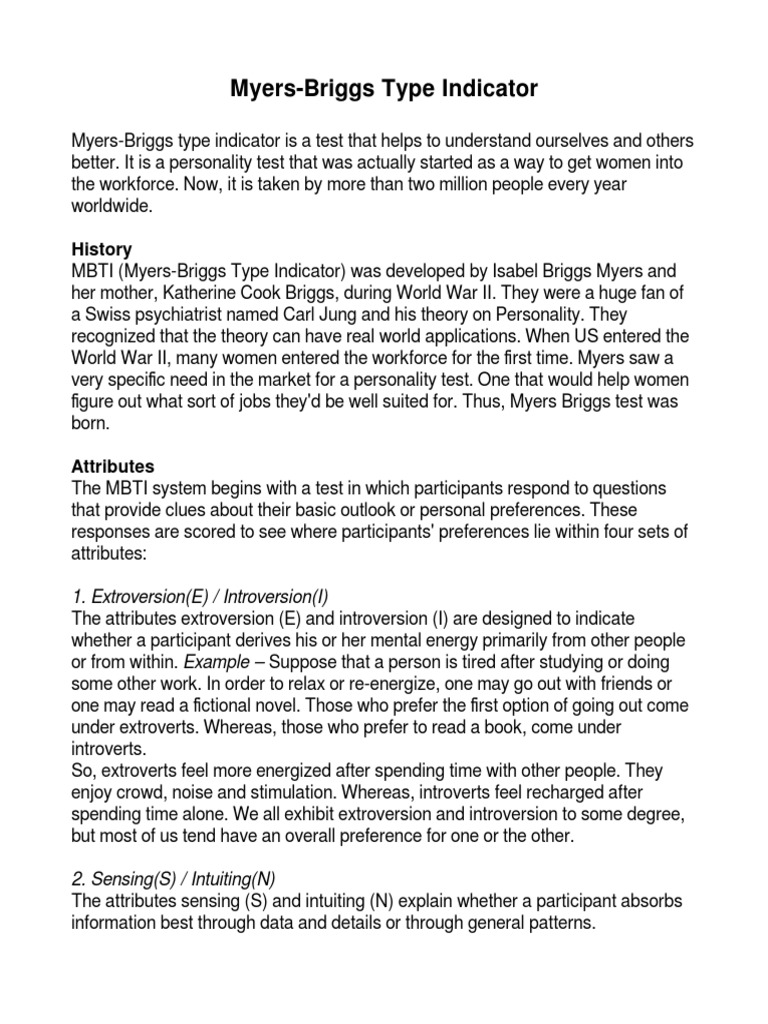 Myers Briggs Type Indicator | PDF | Extraversion And Introversion ...