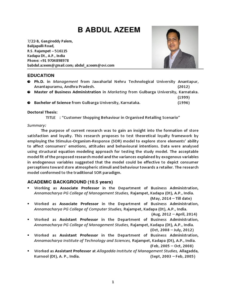 B Abdul Azeem CV | PDF | Retail | Marketing