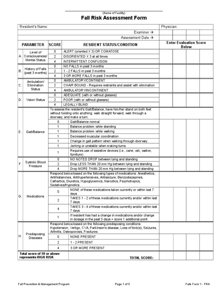 Fall Risk Assessment Form | PDF | Walking | Pharmaceutical Drug