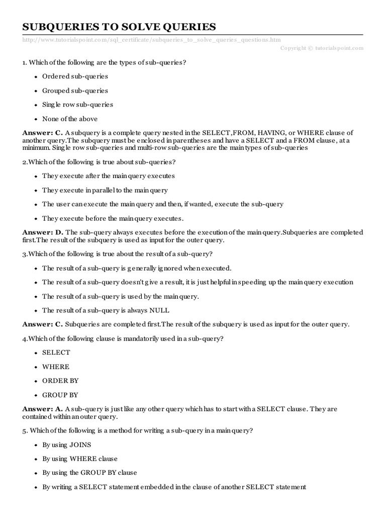 Subqueries To Solve Queries Questions | PDF | Information Retrieval | Software
