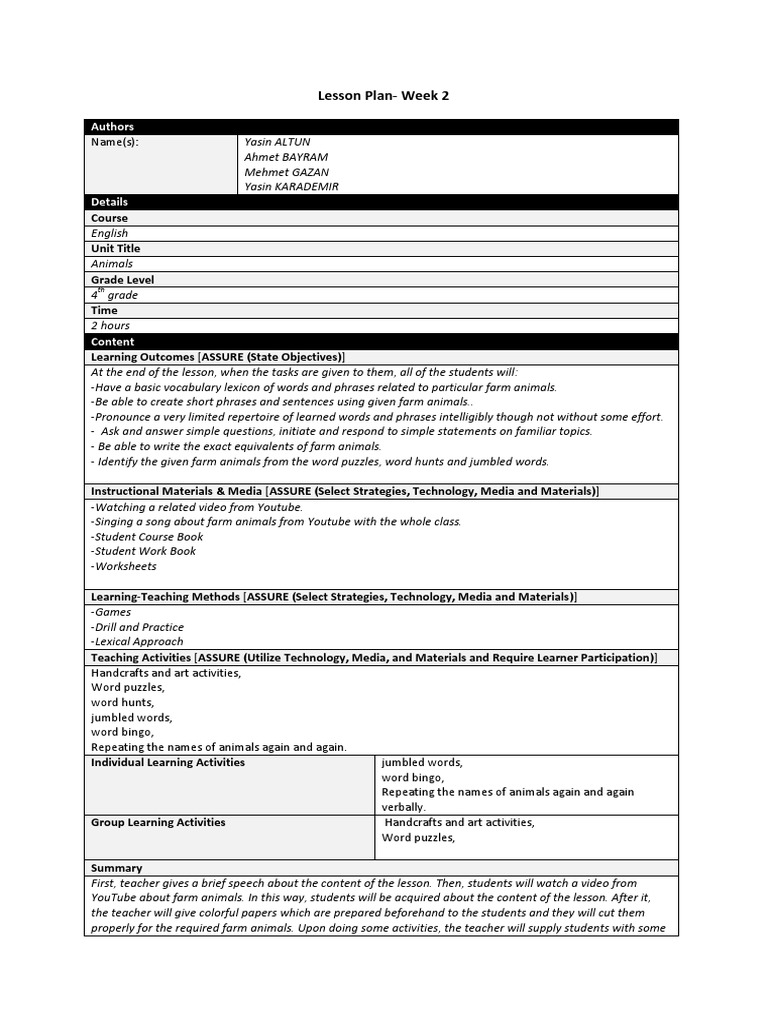 Lesson Plan - Week 2 | PDF | Lesson Plan | Educational Assessment