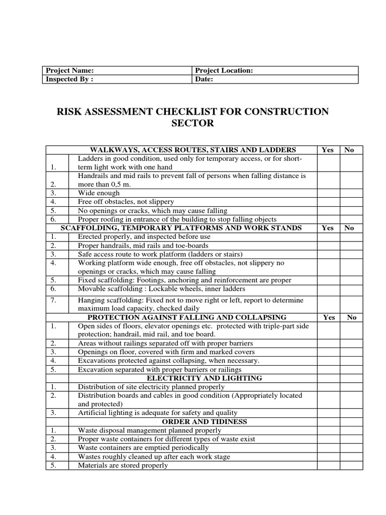 Checklist for Risk Assessment in Construction Sector | Safety | Nature ...