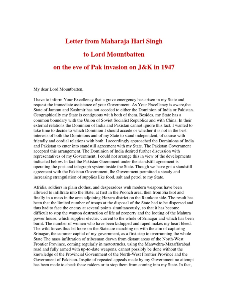 Letter From Maharaja Hari Singh To Lord Mount Batten by Asif Raja | PDF ...