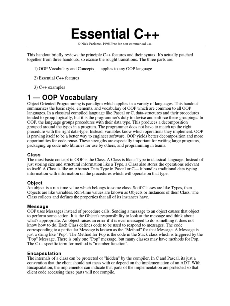 Essential C++: 1 - OOP Vocabulary | PDF | Class (Computer Programming ...