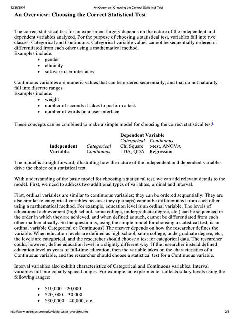 An Overview - Choosing The Correct Statistical Test | PDF | Tests ...